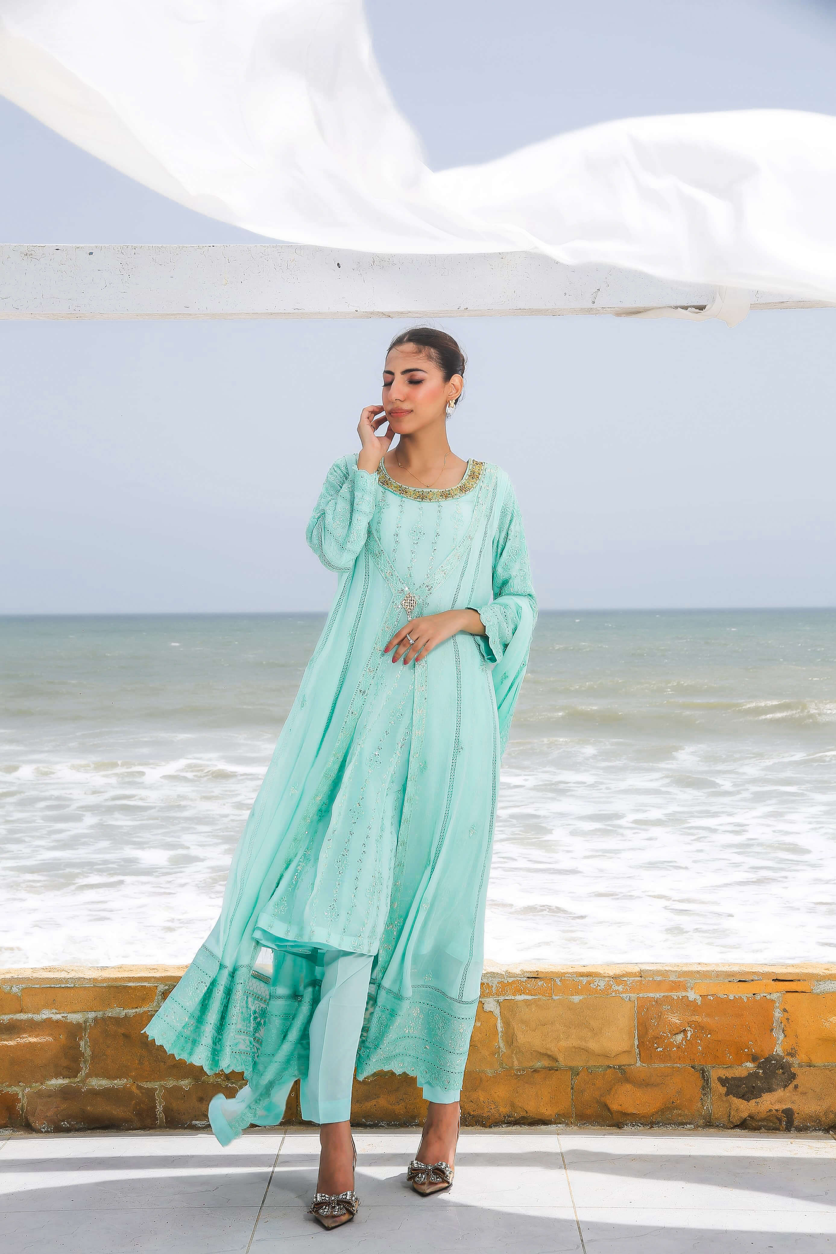 Light Blue Embroidered Gown Dress – 4 Piece Formal Set | Zarveil